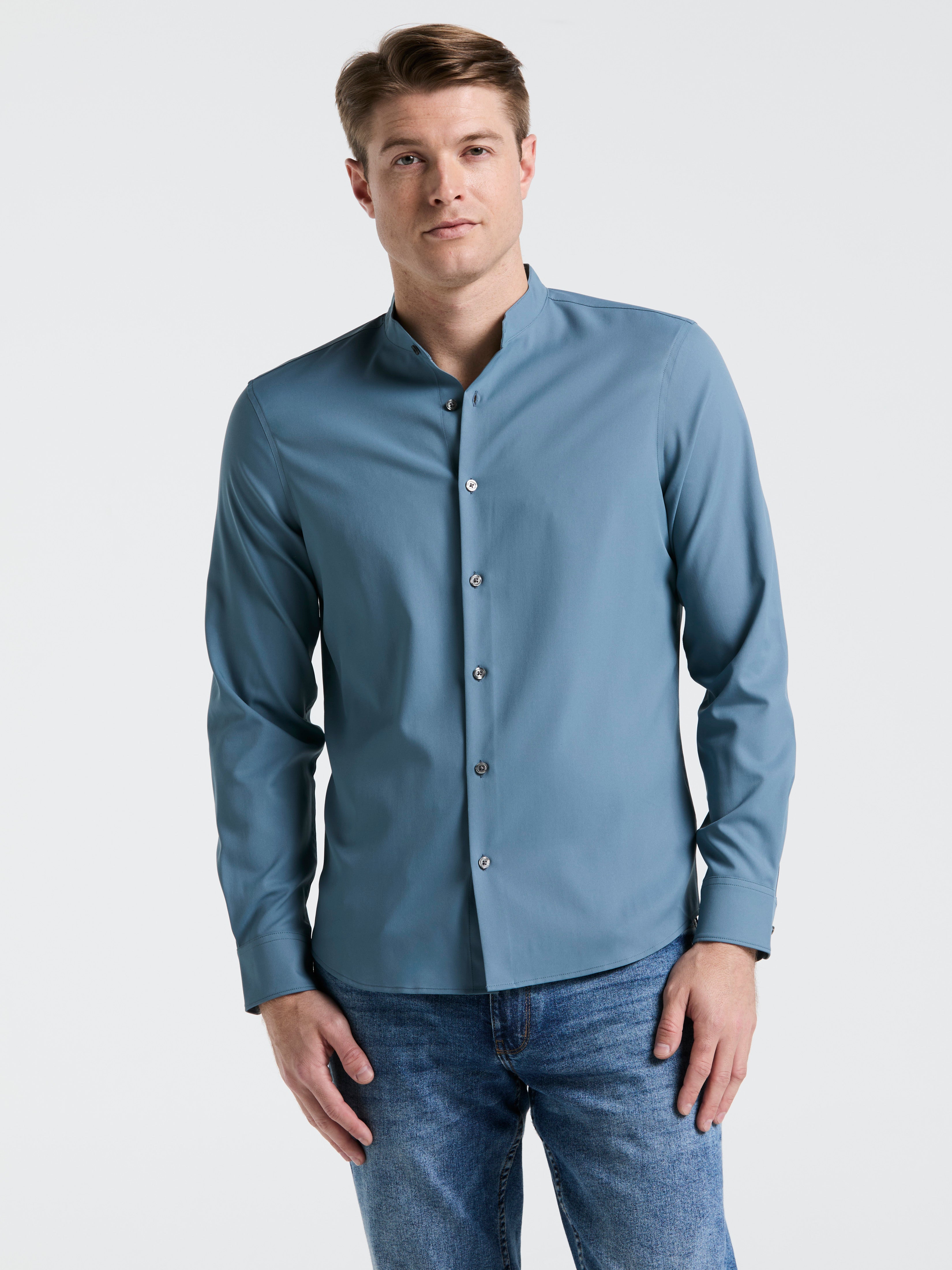 Camisa Slim Fit Azul Mirage con Cuello Mao – Perry Ellis mx